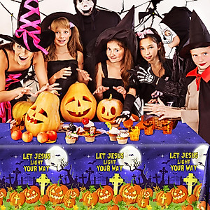 Halloween Christian Tablecloth Decorations,3pcs Plastic Religious Halloween Pumpkin Table Covers Rectangle Jesus Pumpkin Table Cloth for Let Jesus Light Your Way Halloween Party