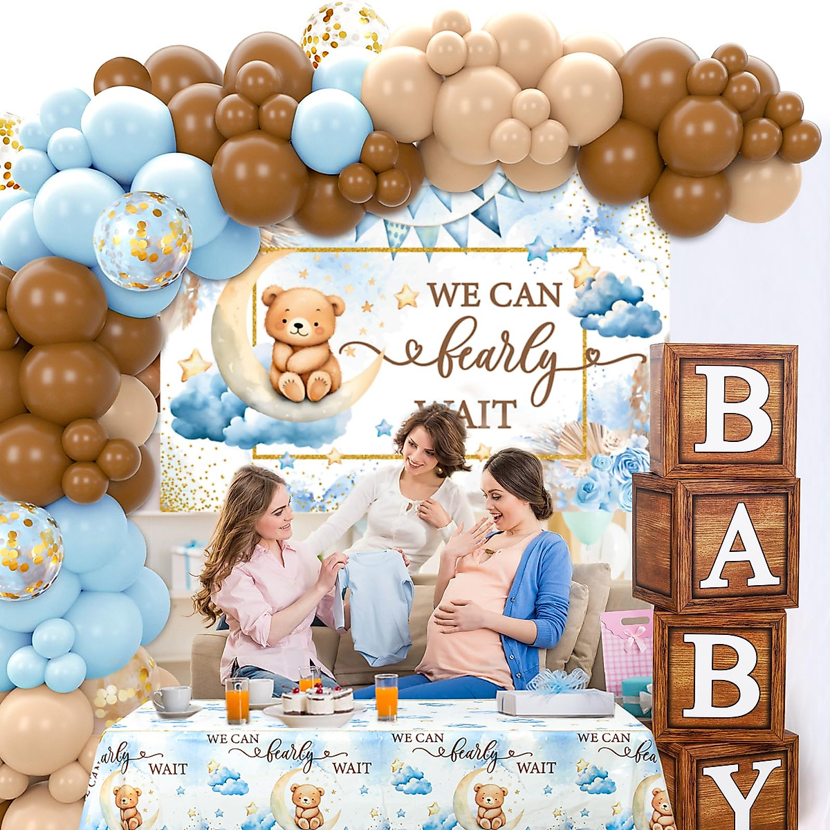 DataMoon We Can Bearly Wait Baby Shower Decorations - Baby Boxes with Letters,Boho Balloons,We Can Bearly Wait Backdrop,Tablecloth for Teddy Bear Baby Shower,Birthday Supplies,Gender Reveal