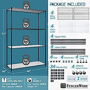 Fencer Wire NSF Commercial Heavy Duty Wire Shelving w/Wheels, Leveling Feet & Liners, Kitchen Storage Shelf, Garage Shelving Storage, Utility Wire Rack Storage Shelves, w/Liner, 48 x 18 x 76 4-Tier