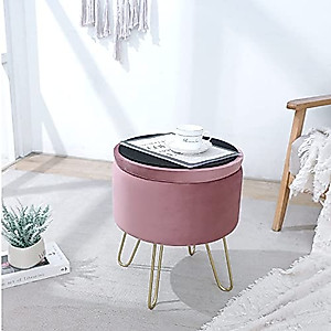 SOFT ASS Fashionable Velvet Round Storage Ottoman Footrest Stool with Vanity Chair and Tray Top Coffee Table/Gold Metal U-Legs (Deep Pink)