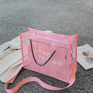 UMRFNO Clear Tote Bags for Women PVC Transparent Mesh Tote Bag With Zipper Fashion Purse Tote Bag Shoulder Handbags (Light Pink)