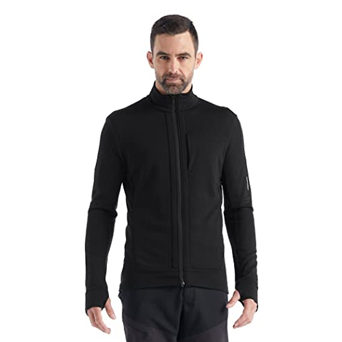 Icebreaker Merino Quantum III Men’s Full Zip Up Sweater, 100% Merino Wool, Comfy, Slim-Fit Zip Up Jacket for Men with Zippered Pockets, Thumb Loops - Premium Outdoor Sweat Shirt, Black, Medium