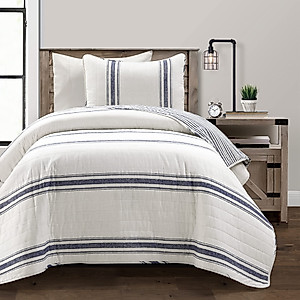 Lush Decor Farmhouse Stripe Reversible Quilt Set, 2 Piece Set, Twin XL, Navy - Twin Bedding Set - Dorm Decor - Striped Quilt For Kids Or Teens - Modern Farmhouse Bedroom Decor