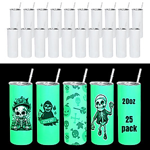 Icesip 25 Pack 20 Oz Glow In The Dark Sublimation Tumblers Stainless Steel Sublimation Tumbler Bulk Skinny Straight Bottom Tumbler with Lid and Straw, White To Green