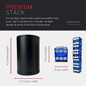 Luck Lab Black Leather Dice Stacking Cup with 5 Serialized Razor Edge 19 mm Casino Dice - Pro Straight Cup for Stacking and Magic Tricks (Blue Dice)
