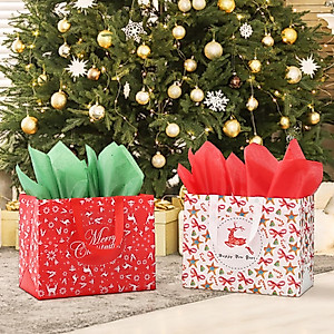 YANGTE 16 Pack Large Christmas Gift Bags with Tissue Paper, Bulk Reusable Christmas Tote Bags with Handles for Grocery Shopping Totes Xmas Event Party, 12.6" x 9.8" x 6.7"