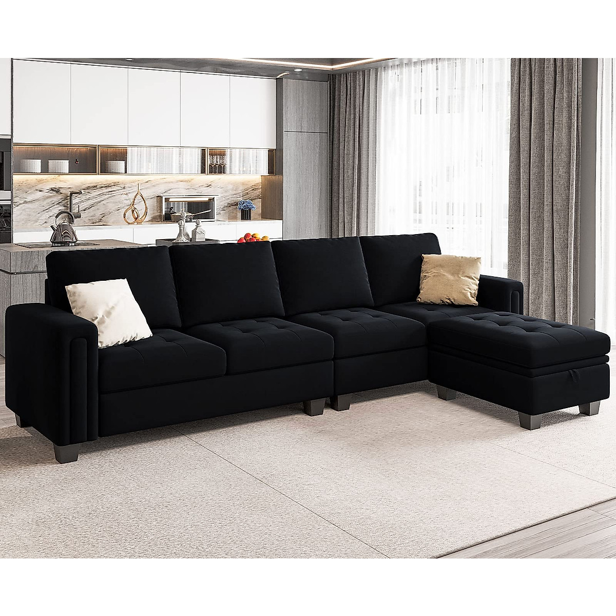 Belffin Velvet Reversible Sectional Sofa with Chaise Convertible L Shaped 4-seat Sectional Couch with Storage Ottoman Black