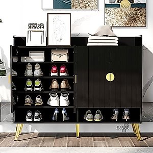 Bellemave Shoe Cabinet with Doors, 11-Tier Shoe Storage Cabinet with Adjustable Shelves, Modern Wooden Shoes Shoe Storage Organizer for Entryway, Living Room, Hallway（Black）