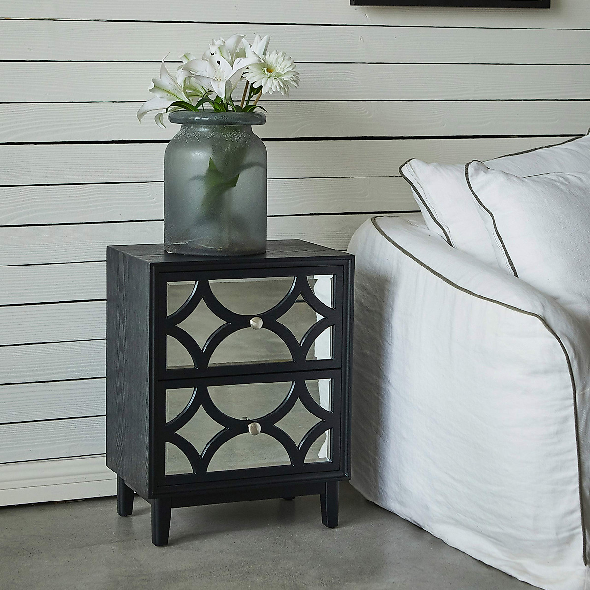 COZAYH Modern Contemporary Nightstand, 2-Drawer Front Mirror Nightstand, for Small Spaces, Bedroom, Black