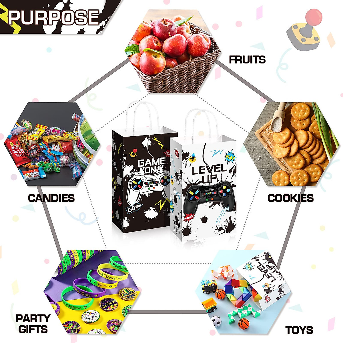 Crtiin 30 Pcs Video Game Gamer Gift Bags - Level Up Gaming Party Favors with Handle - Black & White