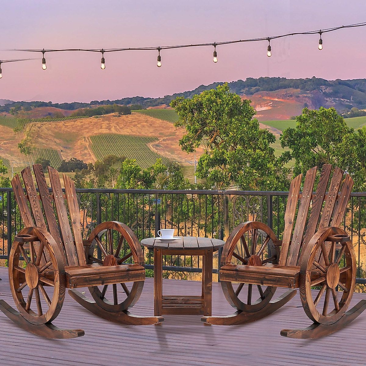 AHB Outdoor Wooden Rocking Chairs Set, Wagon Wheel Armrest Yard Glider Patio Chair with Small Table for Coffee Break, Adirondack Rocking Chair for Summer Lawn Garden Balcony, Brown (3 PCS)