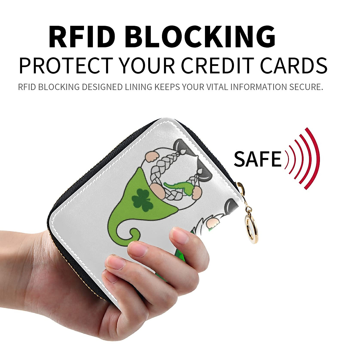 St Patrick Day Gnomes with Green Shamrock Clovers Leaves on WhiteGrey Credit Card Coin wallet, RFID Blocking Compact Women Leather Card Holder, Key Change Organizer, Zipper Purse Clutch Pouch