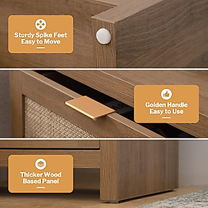 SICOTAS Night Stand Set of 2 - Rattan Nightstands with Type-C Charging Station, 2 Rattan Drawers - Boho Wood Bed Side End Table for Small Space - Natural Oak