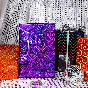 LeZakaa Holographic Wrapping Paper Roll - Mini Roll - Purple Heart/Orange Spiricle/Black Wavy Stripe for Valentine's Day, Birthday, Holiday - 17 x 120 inches - 3 Rolls (42.5 sq.ft.ttl.)