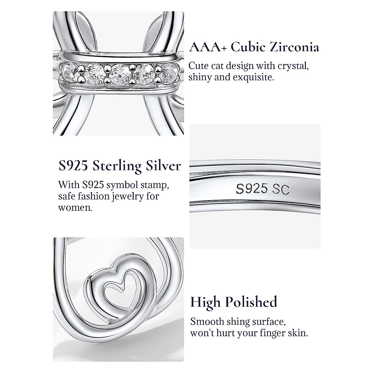 SILVERCUTE 925 Sterling Silver Cat Cute Ring Glittering Heart Cubic Zirconia Sparkle Adjustable Ring