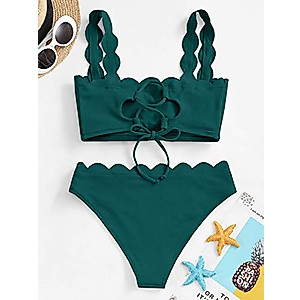 ZAFUL Scalloped Swimsuits for Women High Waisted Bikini Sets Padded Tummy Control 2 Piece Swimwear 7-Deep Green M