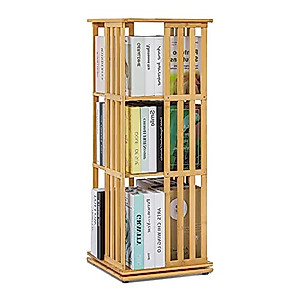 MoNiBloom 3-Tier Corner Book Shelf, 360° Bamboo Rotating Storage Display Rack Standing Shelves with Open Design Shelving for Living Room Study Room Office, Natural