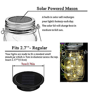 6 Pack Mason Jar Lights, 20 LED Solar Cold White Fairy String Lights Lids Insert for Garden Deck Patio Party Wedding Christmas Decorative Lighting Fit for Regular Mouth Jars