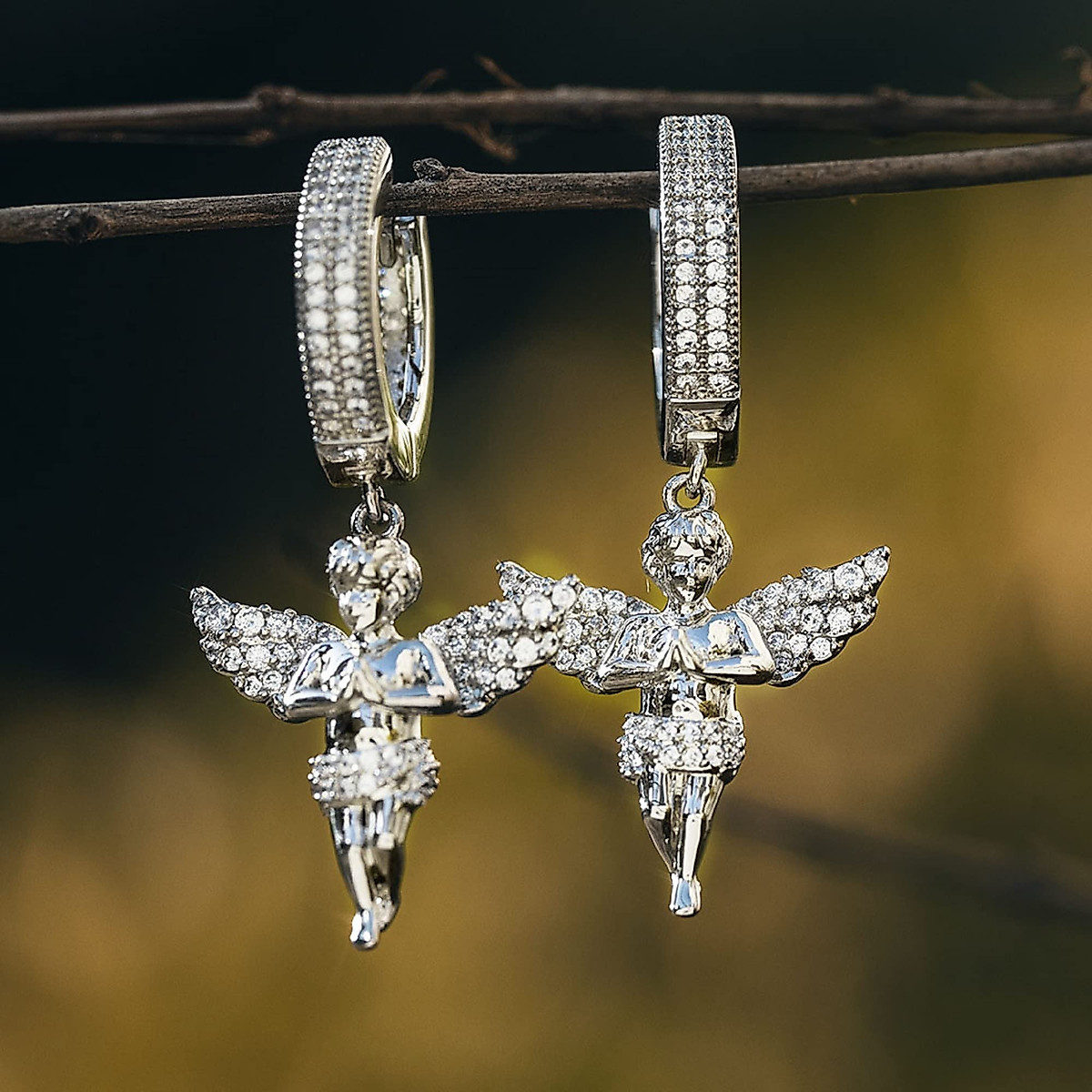 HELLOICE Praying Angel Wing Earrings Iced Out Dangle Drop Earrings 18K White Gold Plated 5A CZ Stone Dangling earrings Lightweight Religious Earrings for Women & Men