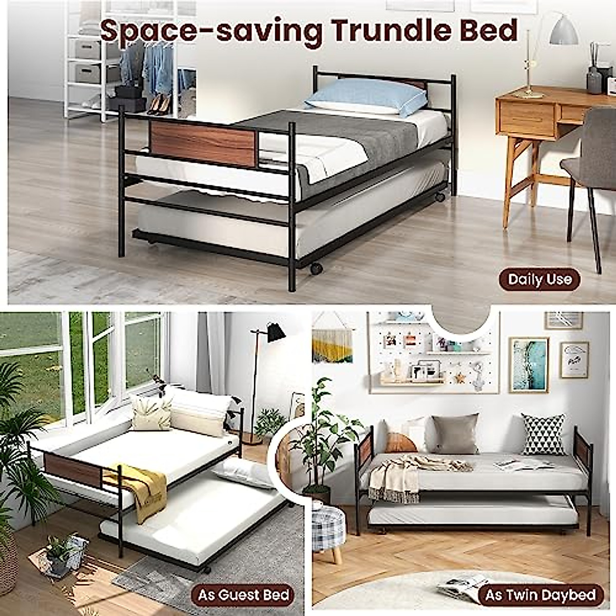 Giantex Metal Daybed with Trundle, Twin Size Day Bed with Wood Grain Headboard & Metal Slat Support, Space-Saving Trundle Sofa Bed for Living Room Guest Room, Easy Assembly, No Box Spring Needed