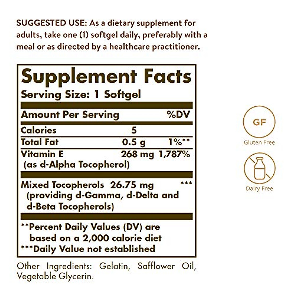 Solgar Vitamin E 268 MG (400 IU) Mixed (d-Alpha Tocopherol & Mixed Tocopherols - Supports Immune System & Skin Nutrition - Natural Antioxidant - Gluten & Dairy Free - 100 Count (Pack of 1)