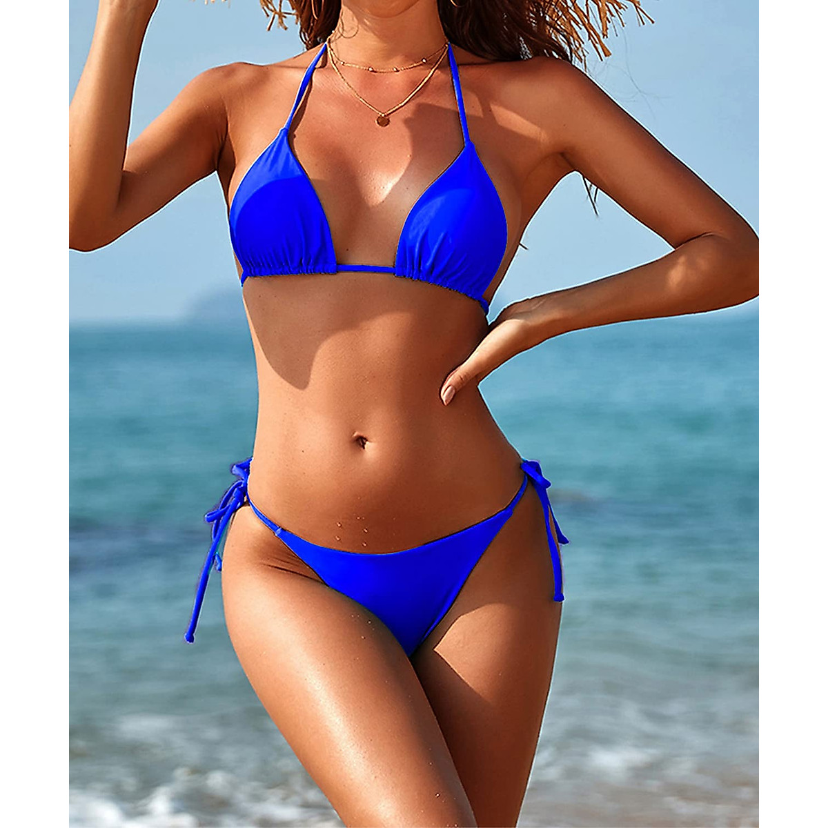 Tainehs Women's Sexy Halter Thong Bikini Tie Two Sides Bottom Triangle Bikini Swimsuits Blue