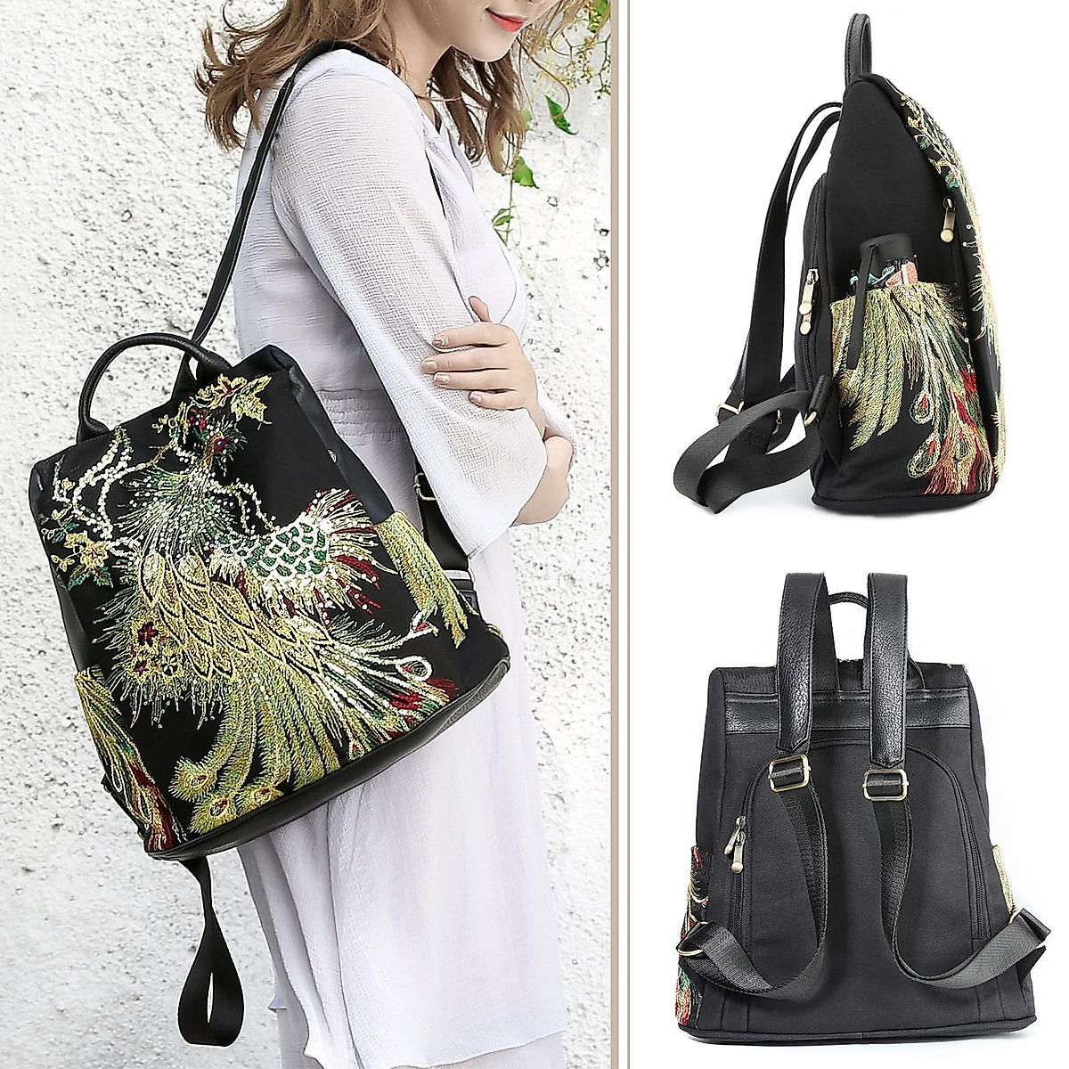 Embroidered Women Backpack Purse, Fashion Canvas Travel Anti-theft Rucksack School Shoulder Bag (Denim-Deep Blue)