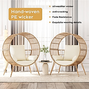 Yechen Egg Chair Outdoor, Oversized Wicker Patio Chairs with 350LBS Capacity, Rattan Porch Chair, 6.69'' Cushions for Living Room, Bedroom, Garden, Round Nest Chairs with Steel Stands Easy Assembly