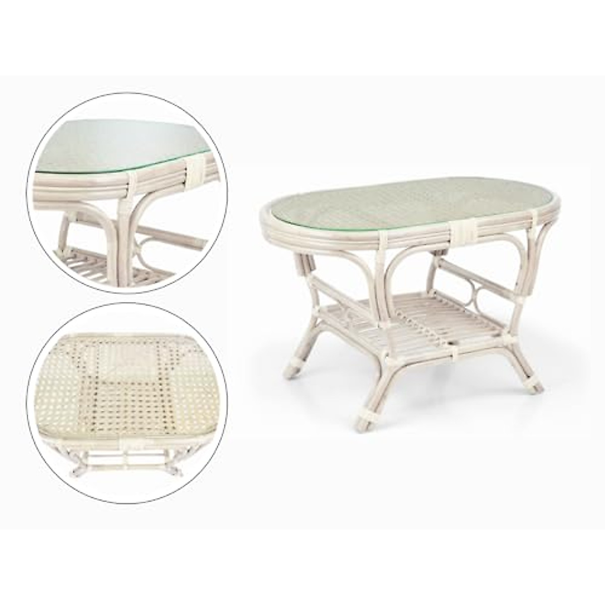 Malibu Lounge Set of 4: 2 Natural Rattan Wicker Chairs, Loveseat with Light Brown Cushions and Coffee Table w/Glass Handmade, White Wash