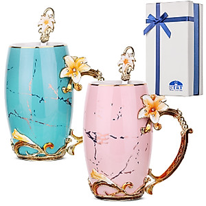 BTaT - Floral Ceramic Mugs with Spoon, Set of 2, Black and White, Fancy Coffee Mugs with Spoon, Floral Coffee Mugs, Ceramic Tea Cup, Tea Cup, Fancy Tea Cups, Tea Mugs for Women, Flower Tea Cup