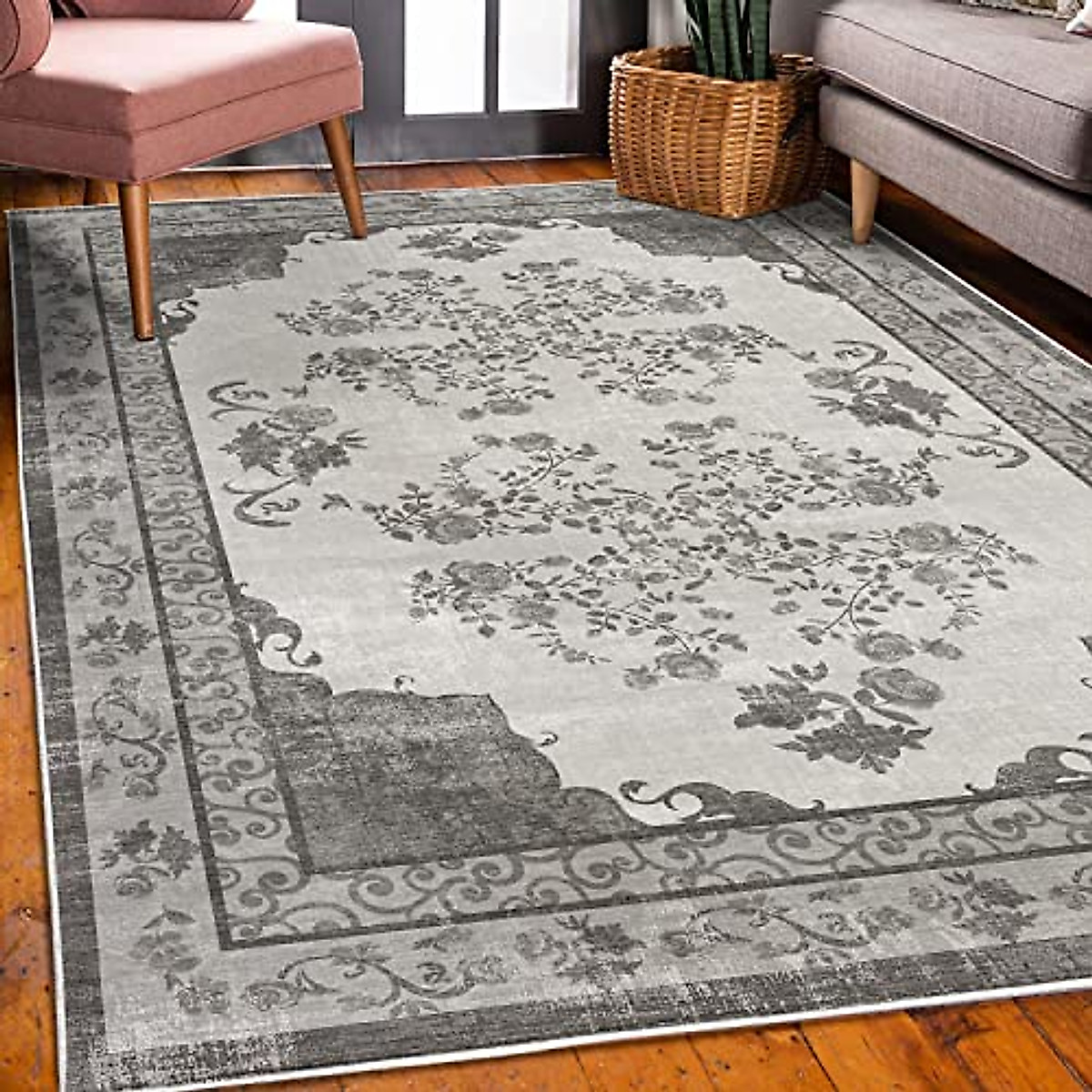 Ambesonne Rose Decorative Rug, Vintage Boho Oriental Culture Style Pattern of Swirling and Curlicue Flowers Art, Quality Carpet for Bedroom Dorm and Living Room, 5' 1" X 7' 5", Dark Grey