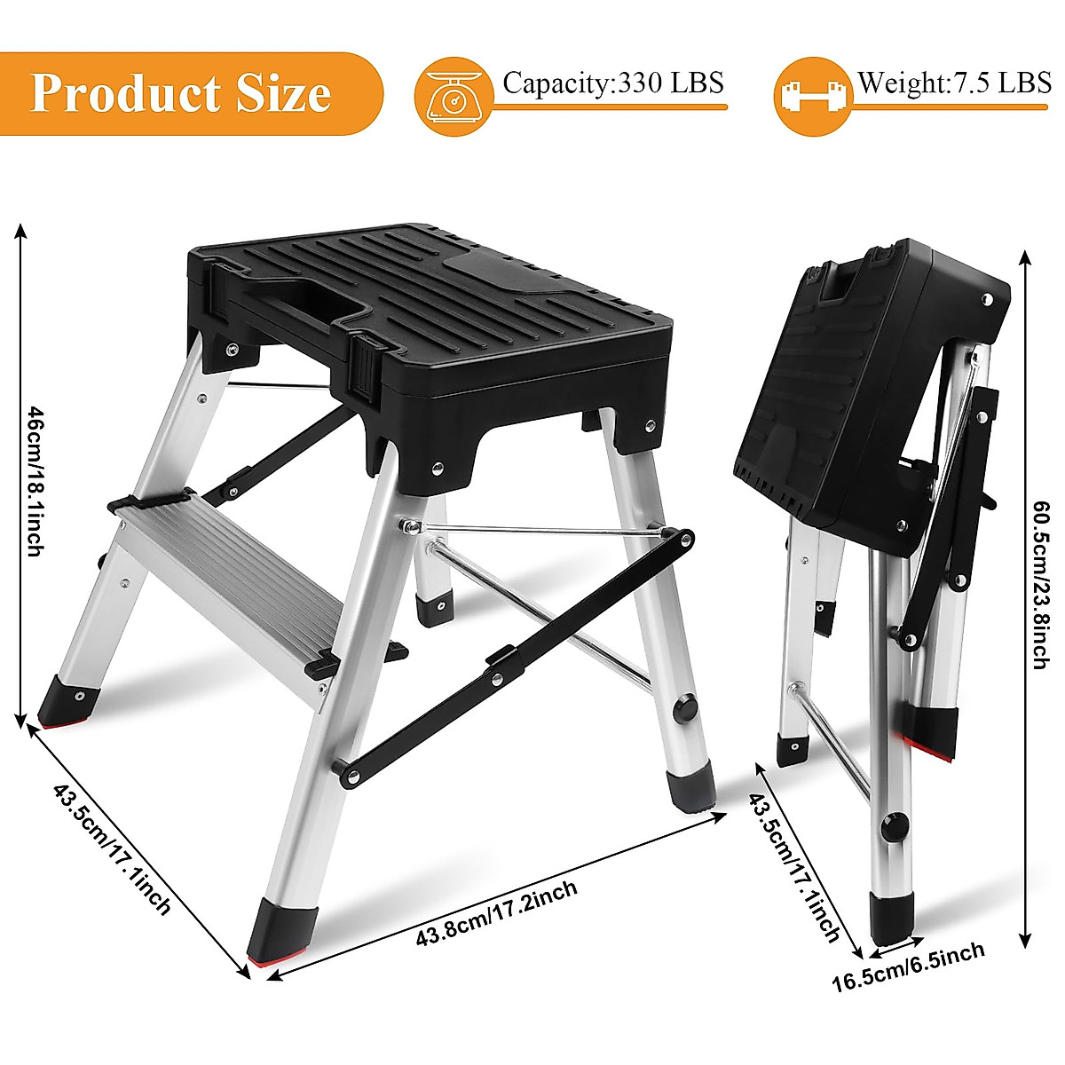 Mesjaedr Two Step Ladder, Folding Aluminum Step Stool with Wide Pedal & Built-in Tool Box, 330 lbs Capacity Sturdy&Portable 2 Step Ladder for Home Kitchen, Bedroom, Office, Library, Workplace