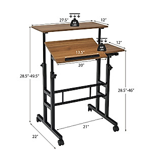 Tangkula Mobile Standing Desk Stand Up Desk, Height Adjustable Home Office Desk with Standing & Seating 2 Modes, Tilting Tabletop & Flexible Wheels, Rolling Laptop Cart Sit Stand Desk (Walnut)