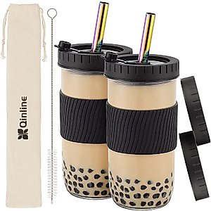 Reusable Glass Mason Jars Cups with Lids and Straws Silicone Sleeves, 2 Pack 24Oz Wide Mouth Smoothie Cups Glass Bubble Tea Cup Leakproof drinking glasses Travel Tumbler for Large Pearl Birthday Gifts