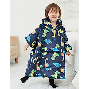Lzzidou Oversized Wearable Blanket Hoodie for Kids 2-6YR, Two Layers Cozy Flannel Sherpa Blanket Sweatshirt Printed