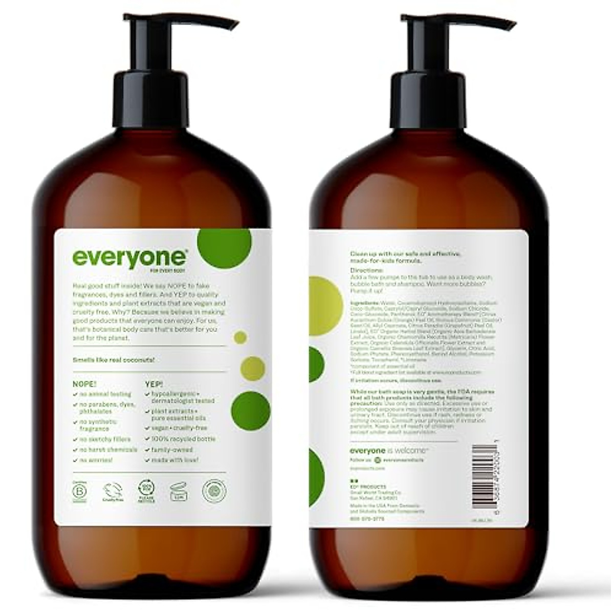 Everyone 3-in-1 Kids Soap, Body Wash, Bubble Bath, Shampoo, 32 Ounce (Pack of 2), Tropical Coconut Twist, Coconut Cleanser with Plant Extracts and Pure Essential Oils