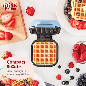 Rise by DASH Mini Waffle maker non stick surface cooks in minutes 4 inch waffles (Blue), Blue/Red