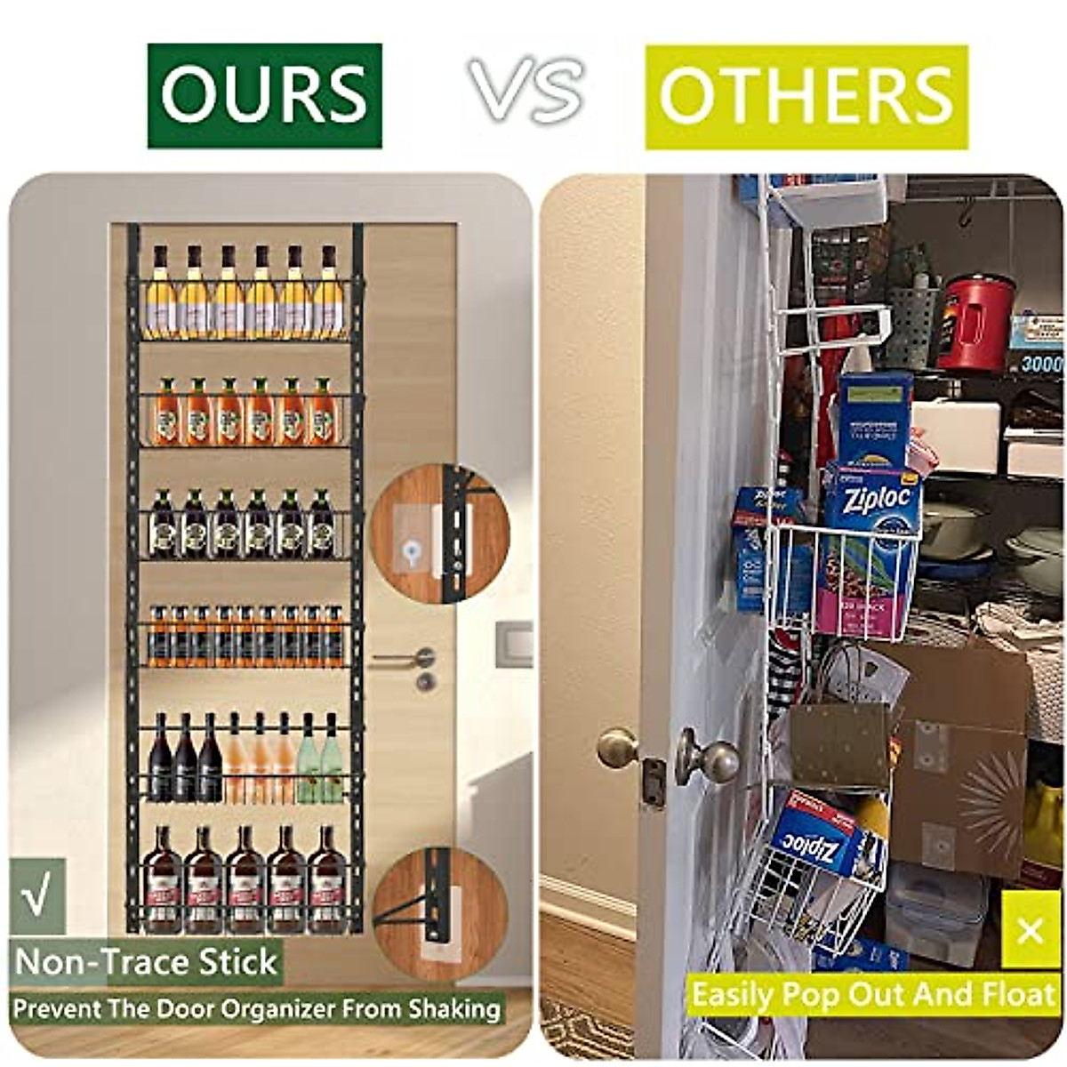 CiWiVOKi Over The Door Pantry Organizer With 6 Adjustable Metal Wire Baskets - Closet Organizer Hanging Spice Space Saver,17.6" W×53.5" H Pantry Door Organizer, Fridge Spice Rack Organizer, Black