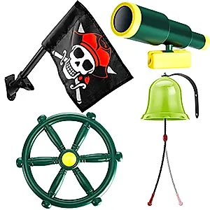 Junkin 4 Pcs Outdoor Playground Accessories for Kids Pirate Playground Equipment Set Include Pirate Ship Wheel Flag Bell Telescope for Swing Set Playhouse Backyard Tree House Jungle Gym Pirate Ship