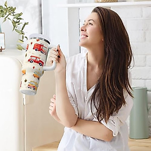 ARGTILDN 40 oz Tumbler Cartoon Fire Trucks Insulated Travel Mug with Handle and Straw Lid Stainless Steel Vacuum Coffee Cup Tea Beverage Container Water Bottles for Car Sports office
