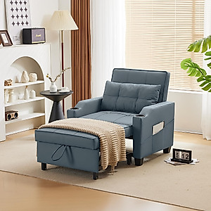 VINGLI Sofa Bed Chair Recliner, 3-in-1 Convertible Sleeper Sofa Chair Bed Blue Gray Daybed Pull Out Couch Bed with Adjustable Backrest, USB Ports, Cup Holders for Small Spaces Living Room