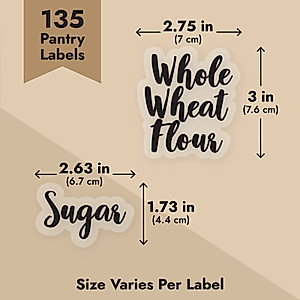 Talented Kitchen 135 Pantry Labels for Food Containers, Preprinted Clear Kitchen Food Labels for Organizing Storage Canisters & Jars, Black Cursive + Numbers Stickers (Water Resistant)