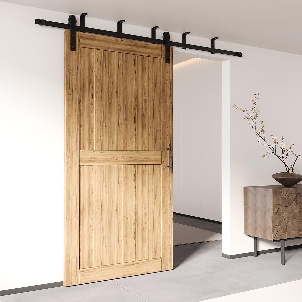 Homacer Black Rustic Ceiling Mount Non-Bypass Sliding Barn Door Hardware Kit, for One/Single Door, 7ft Long Flat Track, Interior Use Only (Doors are not Included)