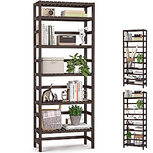 Homykic 6-Tier Bamboo Bookshelves and Bookcases, Adjustable 63.4”Tall Shallow Book Shelf Organizer Rack, Freestanding Storage Shelving Unit for Living Room, Kitchen, Bathroom, Office, Espresso