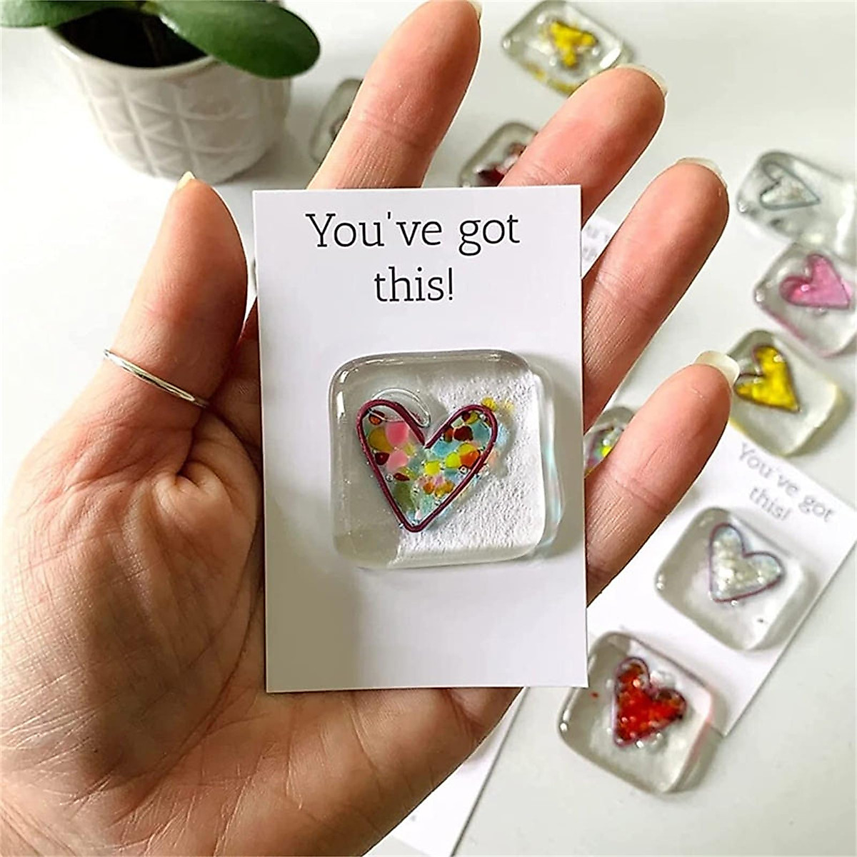 VAcsax Fused Resin Heart Pocket Token,Pocket Heart Token with Greeting Card,Cute Decorative Greeting Card (Colorful,You've Got This)