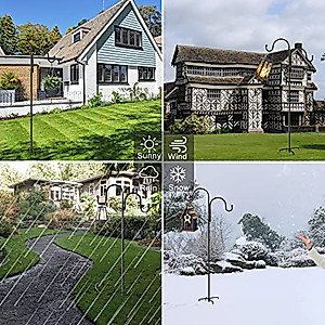 Double Shepherds Hook for Outdoor,62 Inch Bird Feeder Pole with 5 Prongs Base,Adjustable Heavy Duty Garden Hanging Holder for Hanging Plant,Solar Light,Weddings Decor,Hummingbird Feeder(1 Pack)