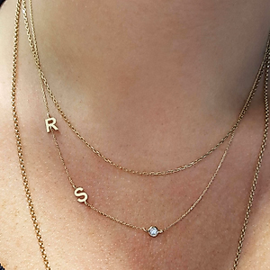 14k Sideways Initial Gold Necklace w Solitaire Diamond, Custom Multiple Letter Necklace, Personalized Solid Gold Initial Diamond Letter Necklace, Personalize Birthstone Bridesmaid Gift.