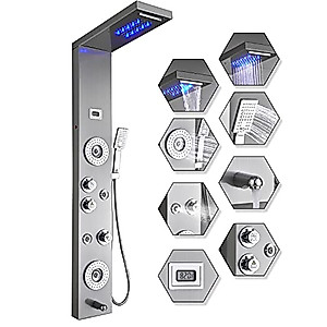 ELLO&ALLO Stainless Steel Shower Panel Tower System,LED Rainfall Waterfall Shower Head 6-Function Faucet Rain Massage System with Body Jets, Brushed Nickel