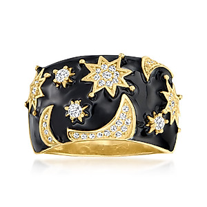 Ross-Simons 0.40 ct. t.w. White Topaz and Black Enamel Celestial Ring in 18kt Gold Over Sterling. Size 8