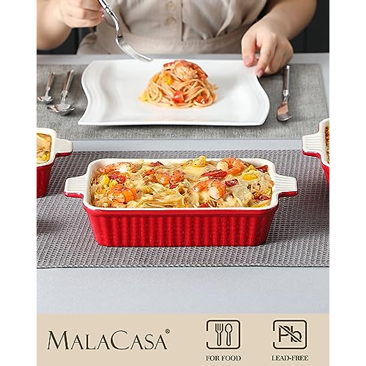 MALACASA Casserole Dishes for Oven, Porcelain Baking Dishes, Ceramic Bakeware Sets of 4, Rectangular Lasagna Pans Deep with Handles for Baking Cake Kitchen, Red (9.4"/11.1"/12.2"/14.7"), Series BAKE.BAKE